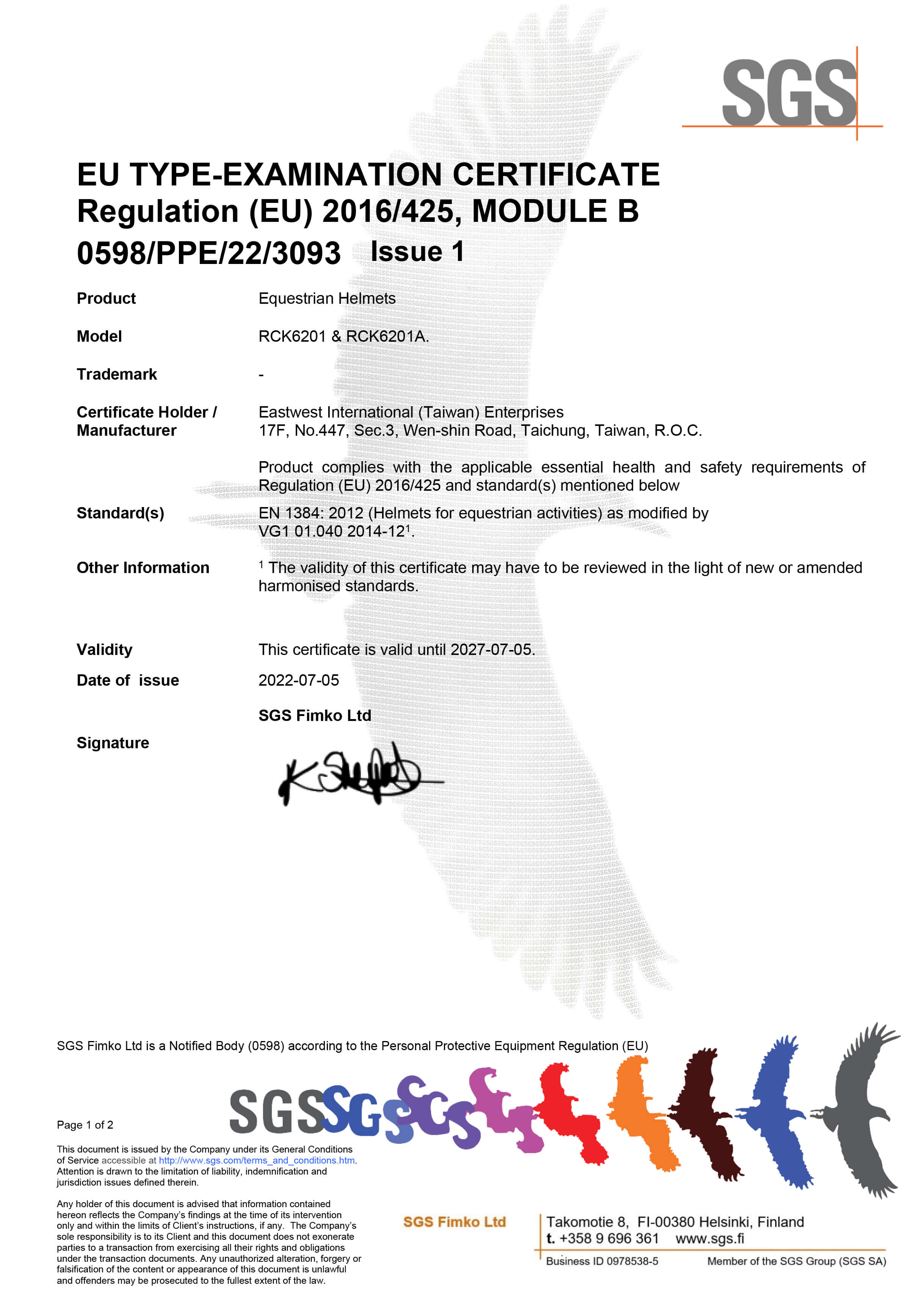 Certificates of Personal Protective Equipment (PPE) – EastWest